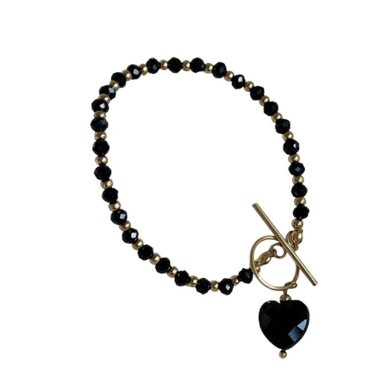 Elegant sort perle armbånd med sort hjerte | Guldbelagt rustfrit stål